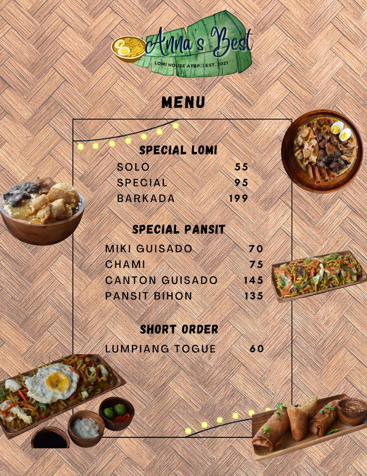 Menu at Anna's Best Lomi House restaurant, Calamba