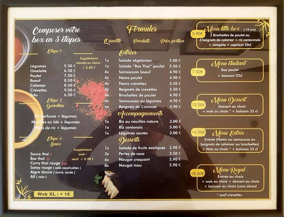 Menu at Box Thai fast food, Annecy