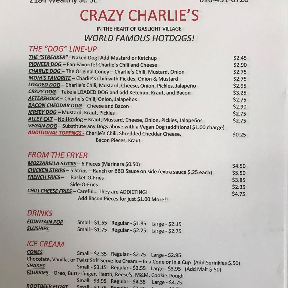 Menu at Crazy Charlie's restaurant, East Grand Rapids