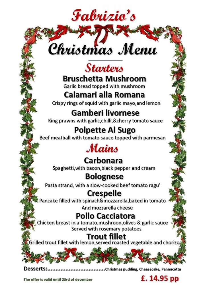 Menu at Fabrizio’s restaurant, Welshpool