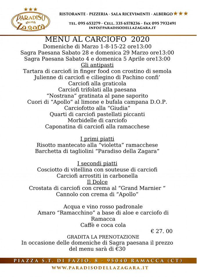 Carta del restaurante Paradiso della zagara, Ramacca