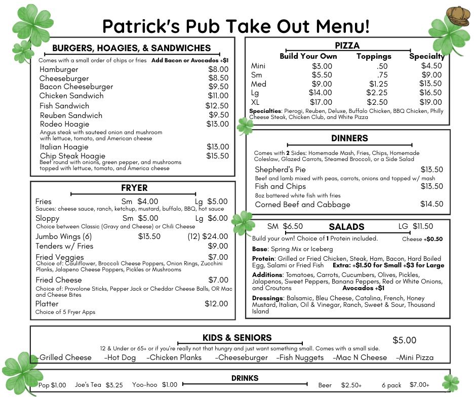 Menu at Patrick's Pub, Apollo, 205 1st St