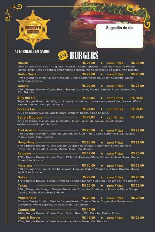 Menu em Sheriff's Burger restaurante, Lins