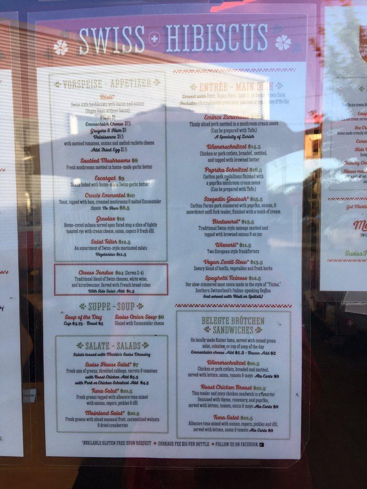 Menu at Swiss Hibiscus restaurant, Portland