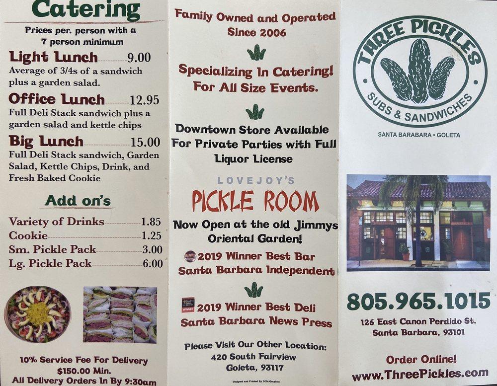 Menu at Three Pickles Subs & Sandwiches restaurant, Santa Barbara, 126 ...