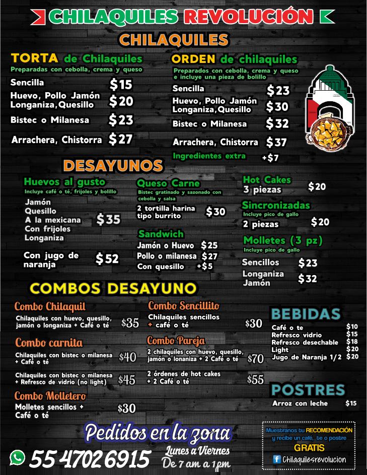 Menu at CHILAQUILES REVOLUCION restaurant, Mexico City