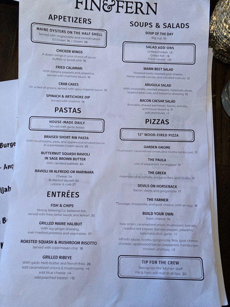 Carta del restaurante Fin and Fern, Stonington