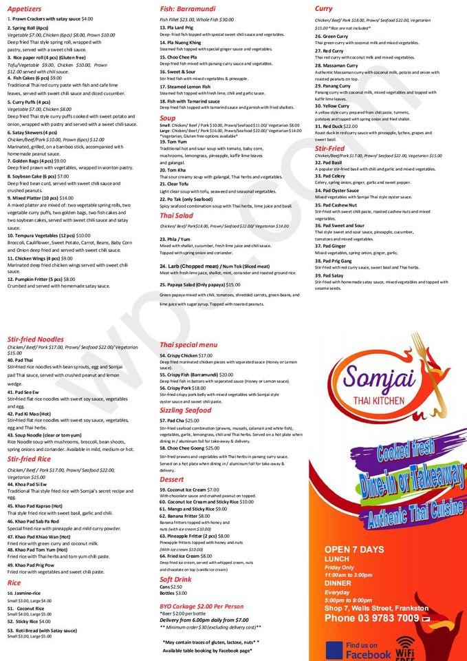 Menu at Somjai Thai Kitchen restaurant, Frankston