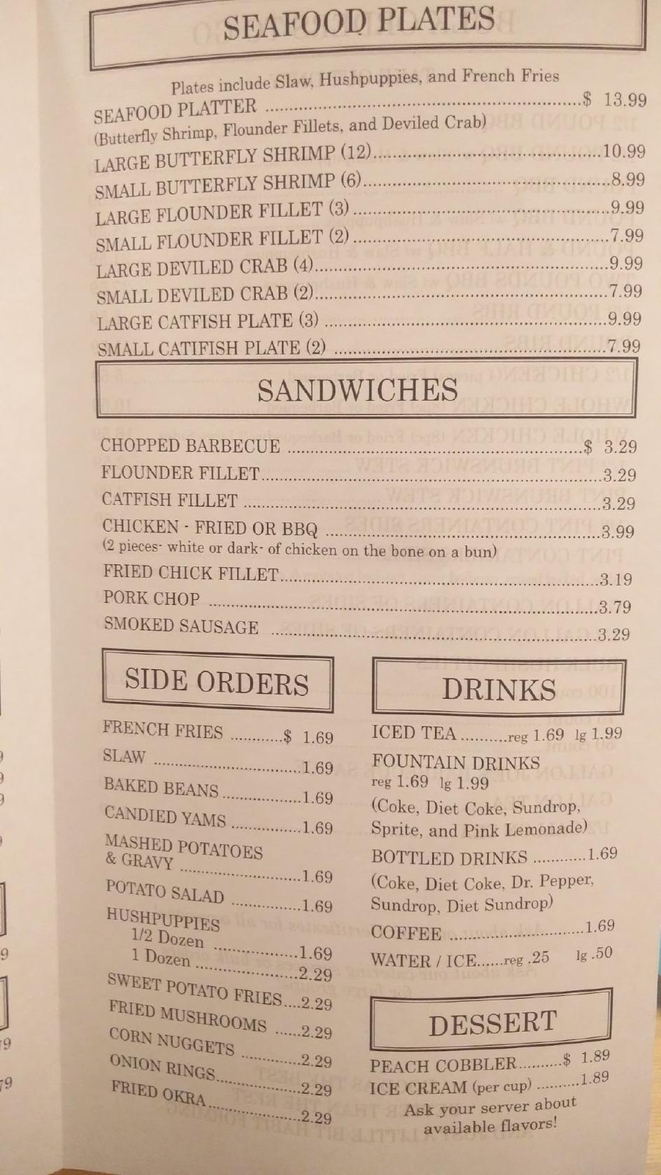 Menu at Joe's Old Fashioned Barbecue, Whiteville, 500 Green Hill Dr