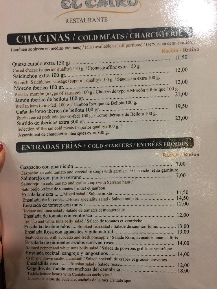 Carta de Restaurante El Cairo, Sevilla, C/ Reyes Católicos 13