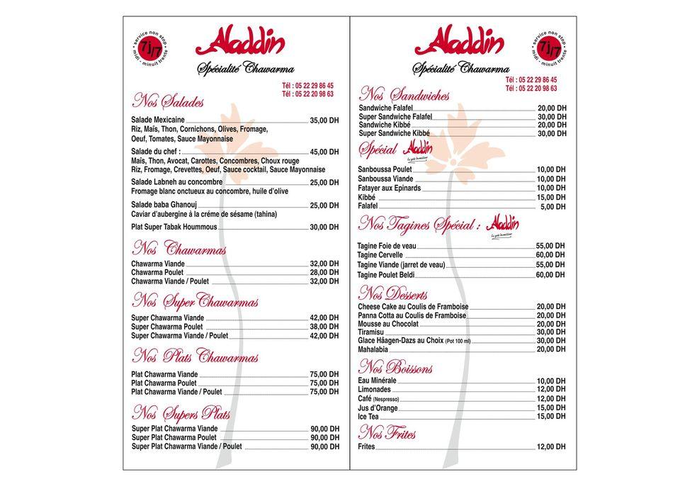 Menu at Aladdin restaurant, Casablanca, 39 Rue Mohamed Sediki