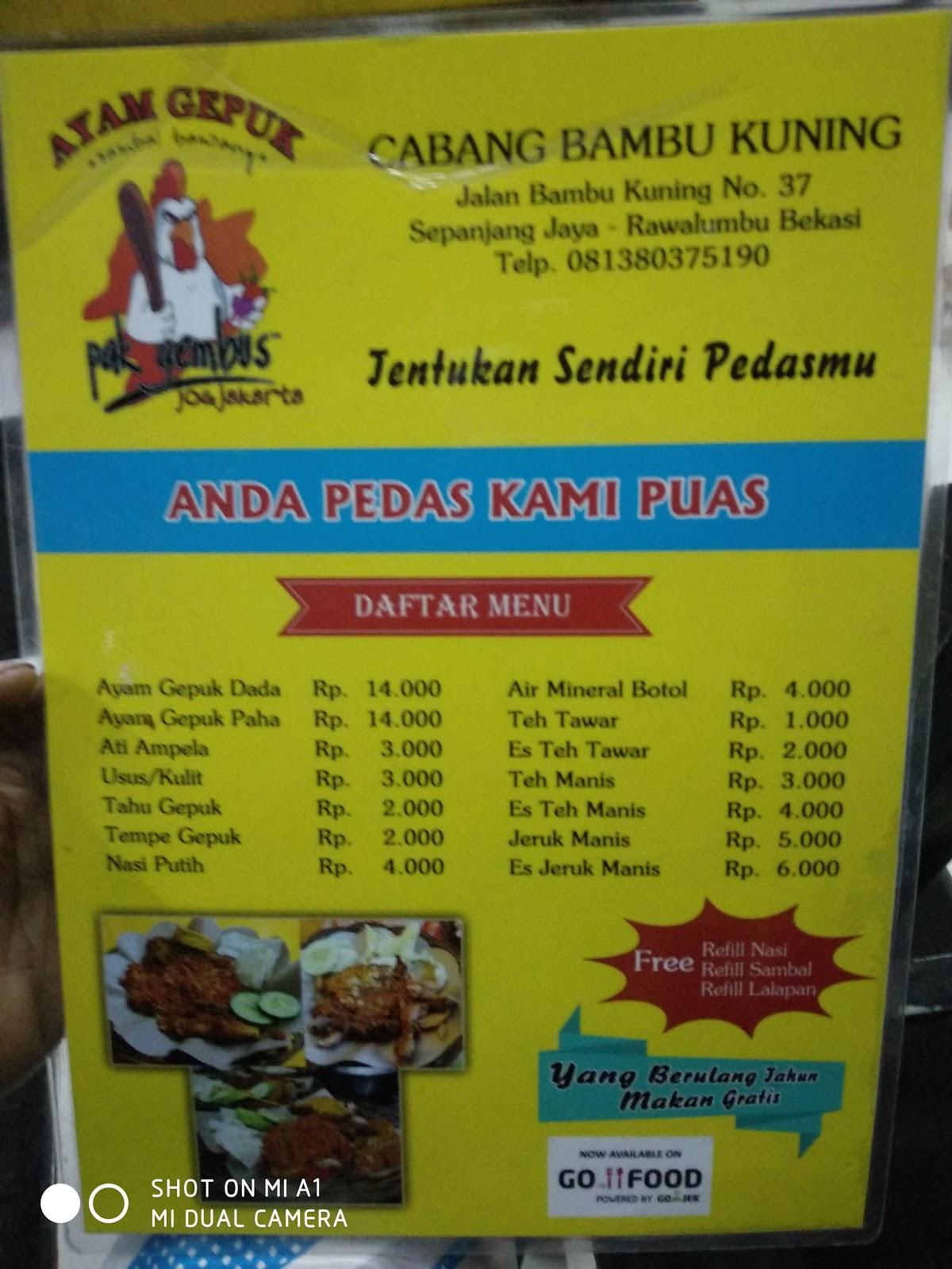 Menu at Ayam Gepuk Pak Gembus restaurant, Bekasi Regency, Jl. Tri Satya ...
