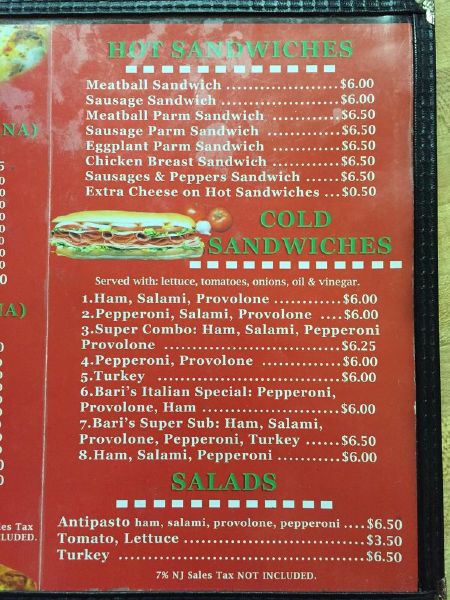 Menu at Bari Pizzería, Union City
