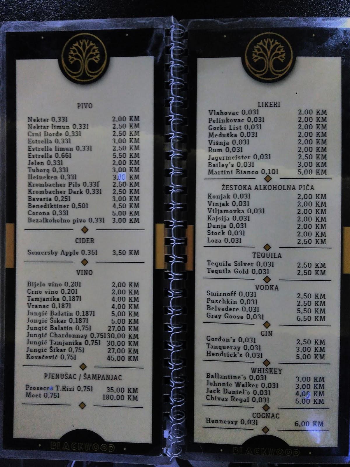 Menu at Caffe bar Blackwood, Banja Luka