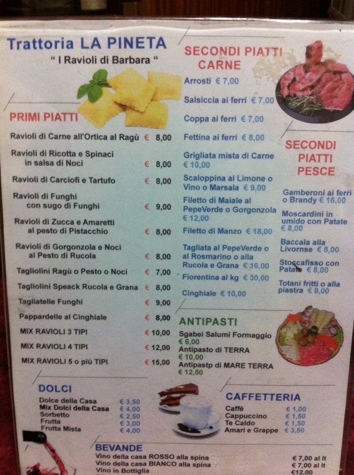 Menu da Trattoria La Pineta ristorante, Riccò del Golfo