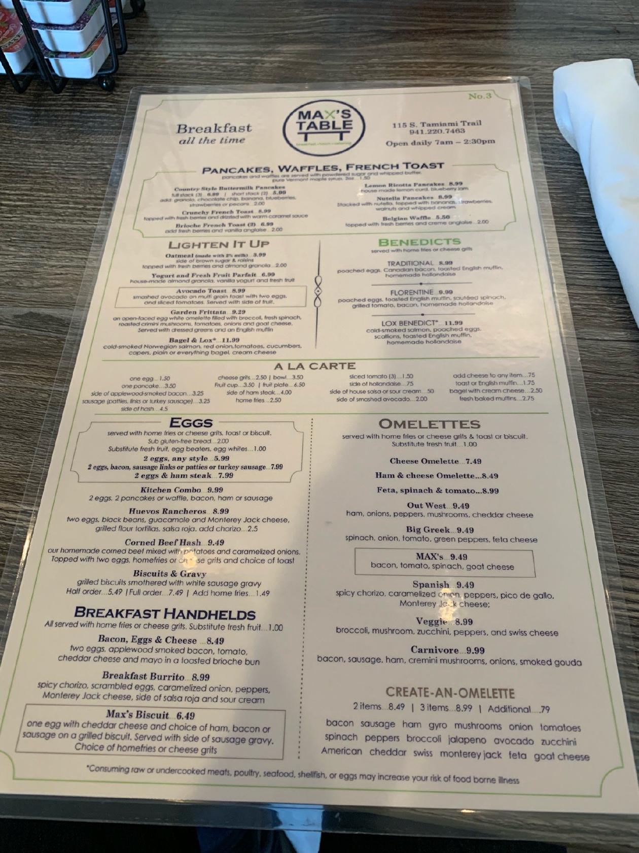 Menu at Max's Table restaurant, Osprey