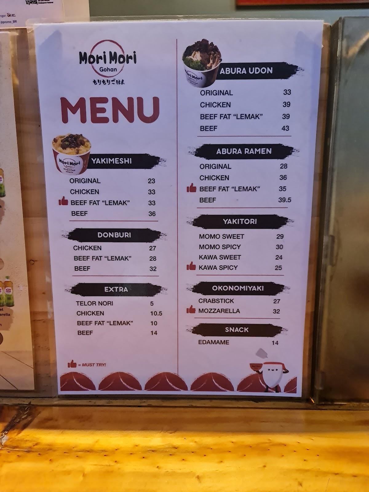 Menu at Mori Mori Gohan restaurant, South Jakarta