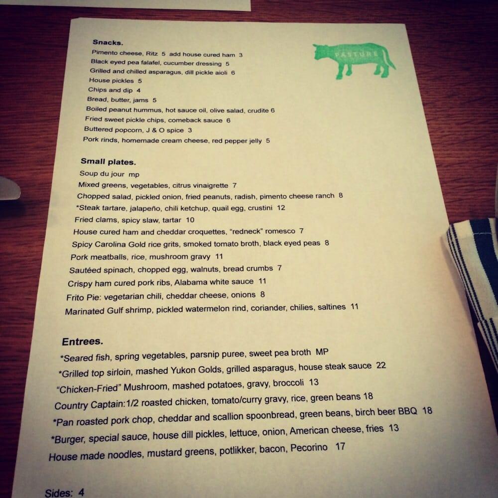 Menu at Pasture restaurant, Richmond