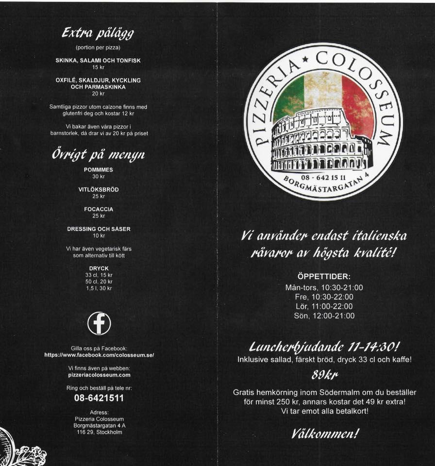 Menu at Colosseum Pizzeria, Stockholm