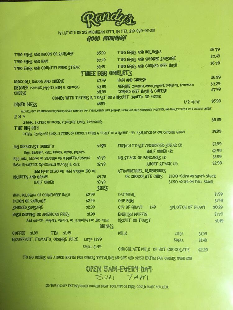 Menu at Randy's Diner fast food, Michigan City