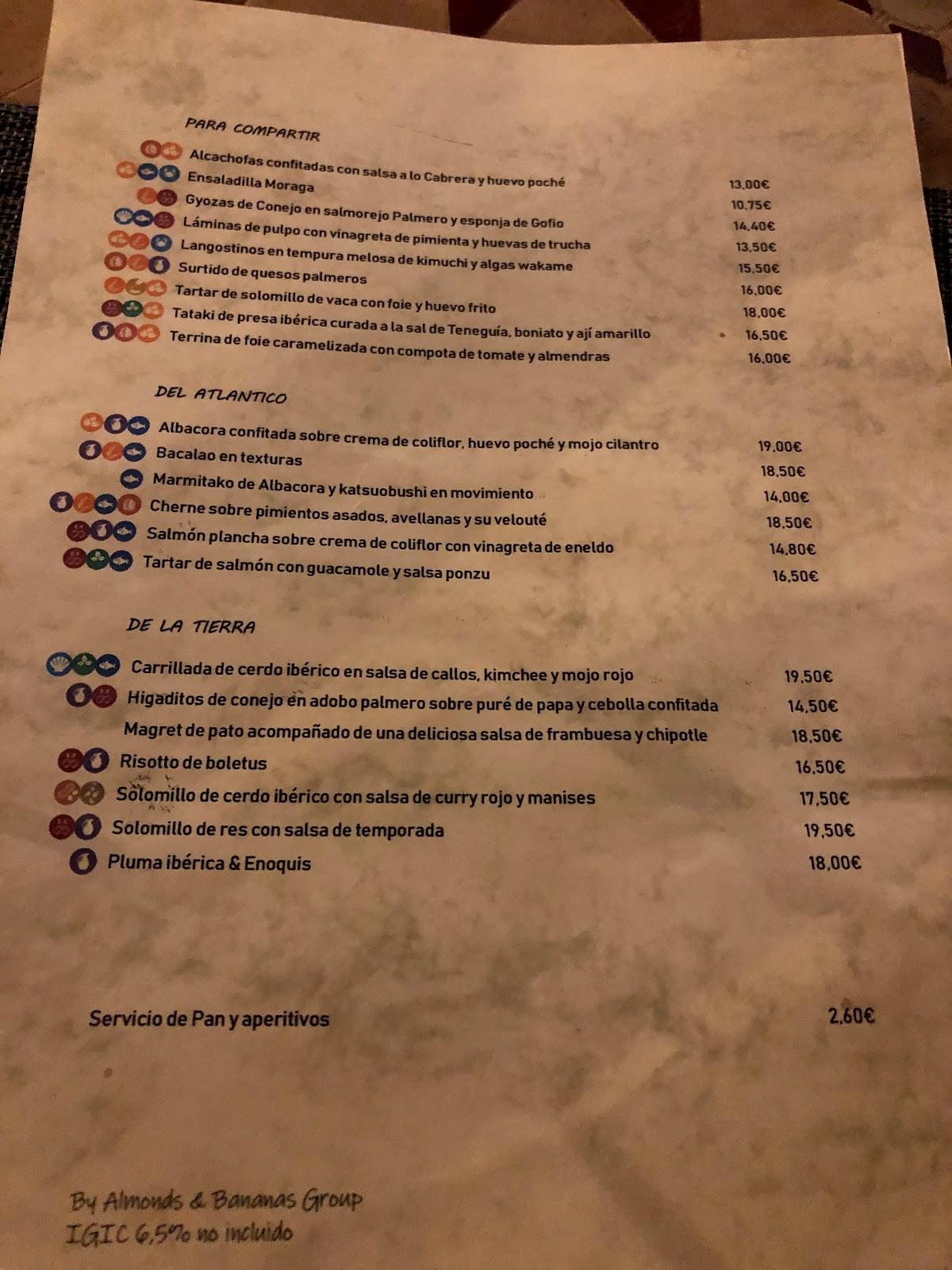 Menu at Restaurante El Rincón de Moraga, Los Llanos de Aridane