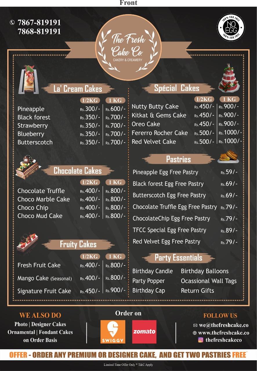 Menu at The Fresh Cake Co. - Bakery - 100% Fresh & Egg Free Cakes, Gurugram