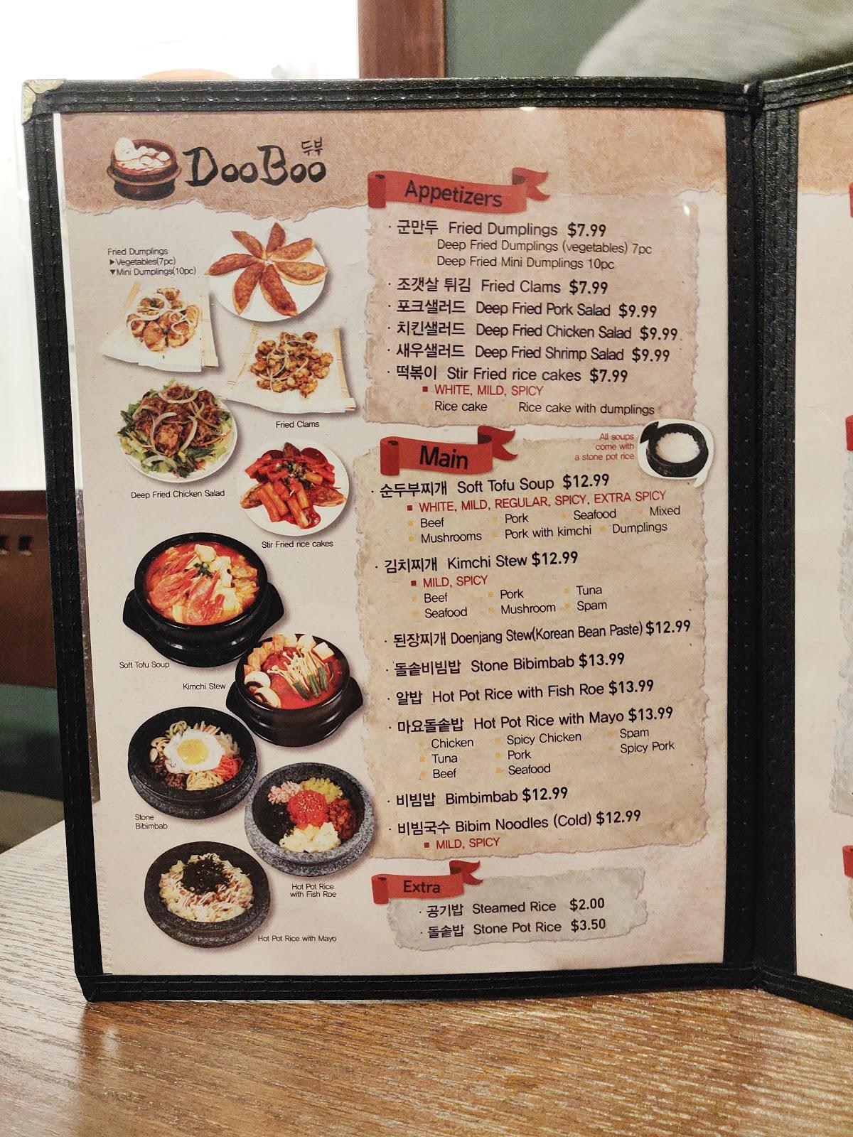 Menu at DooBoo restaurant, Burnaby