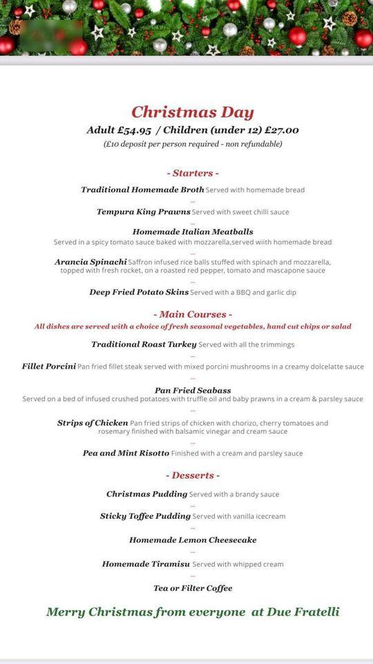 Menu at Due Fratelli restaurant, Newbiggin-by-the-Sea