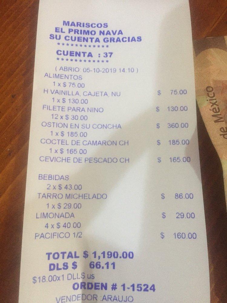 Carta de Restaurante El Primo Nava, Ensenada