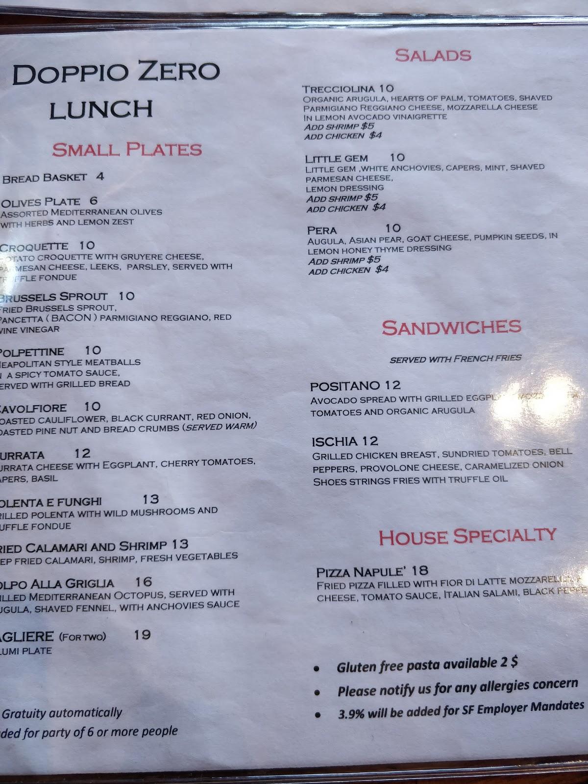Menu at Doppio Zero San Francisco pizzeria, San Francisco
