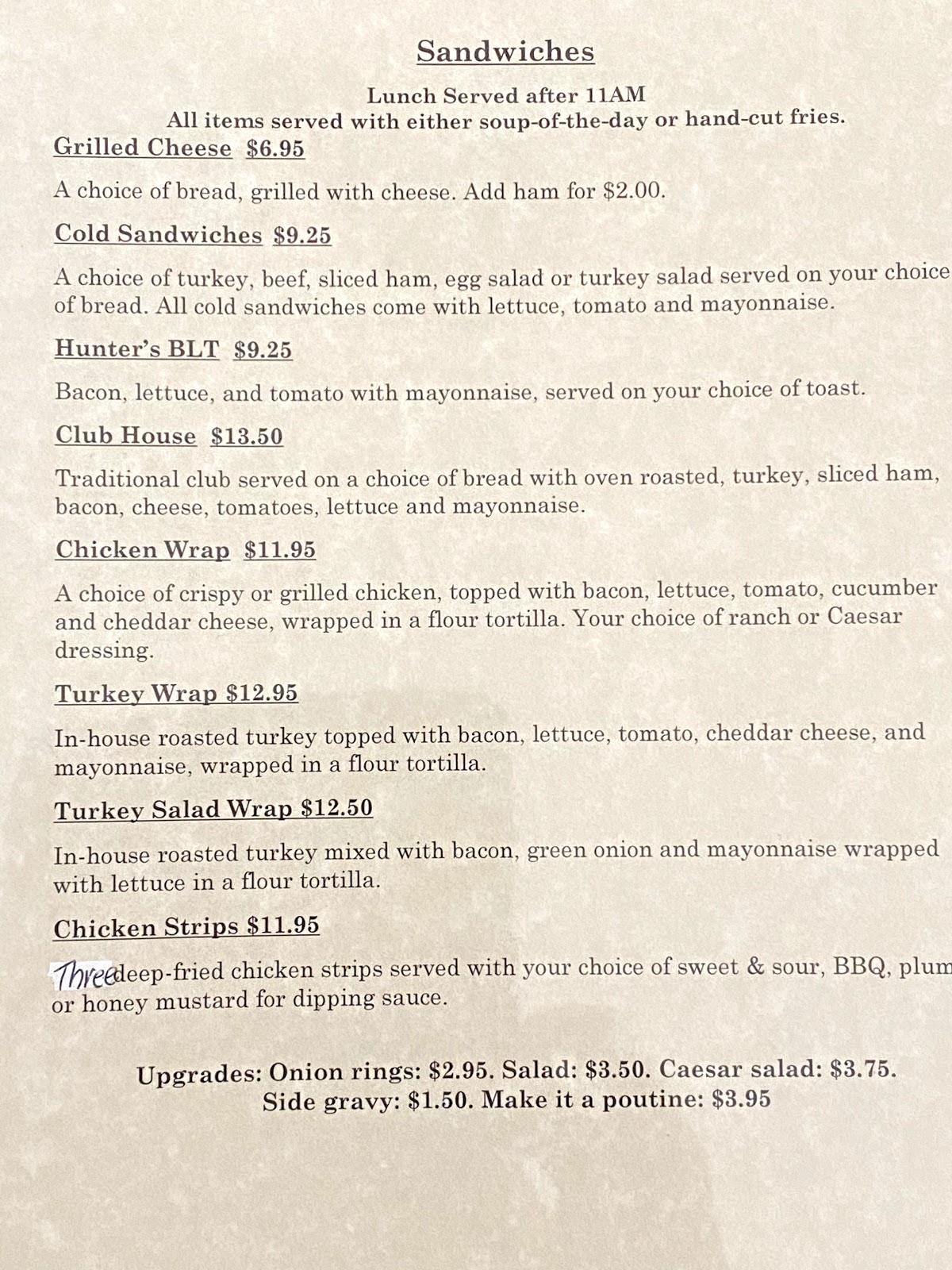 Carta del restaurante Hunters Country Kitchen, Carstairs