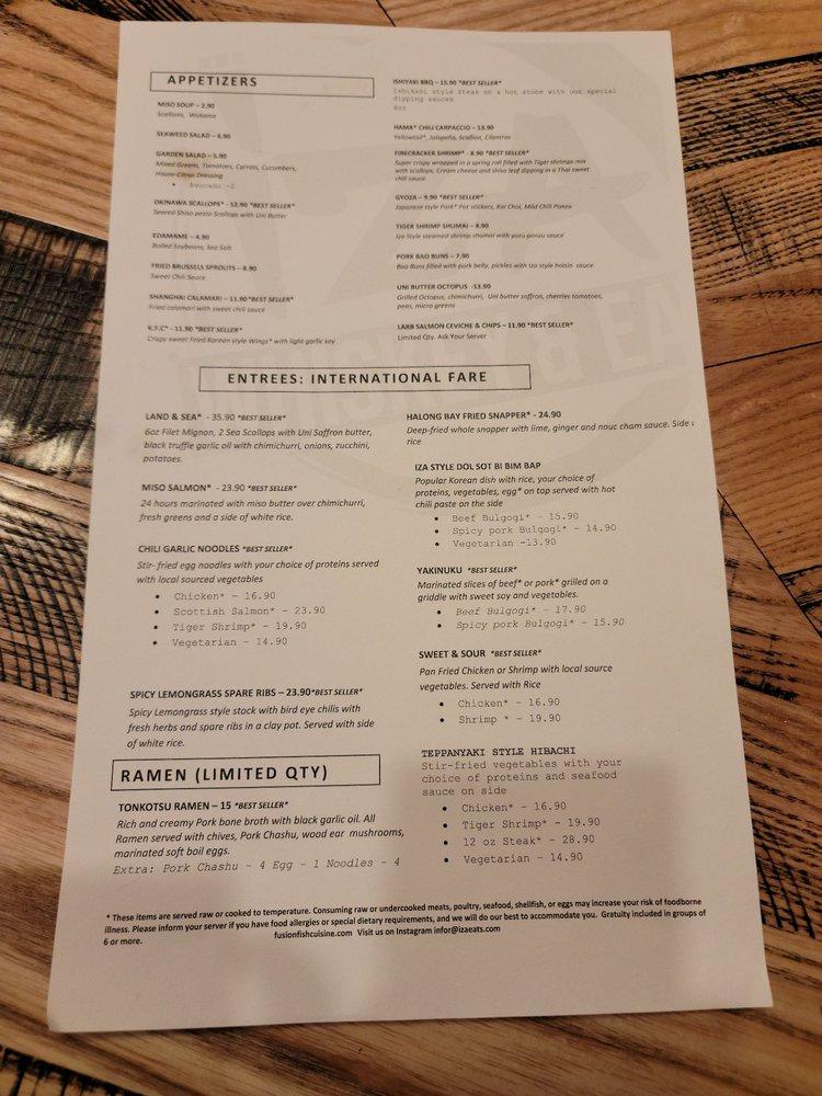 Menu at Iza Whiskey and Eats restaurant, Carrboro