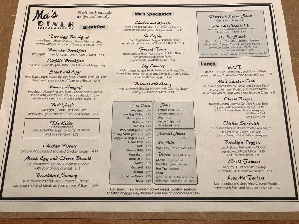 Menu at Ma's Diner restaurant, Tallahassee