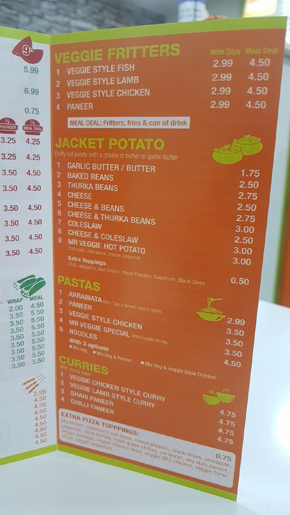 Menu at Mr Veggie restaurant, Leicester