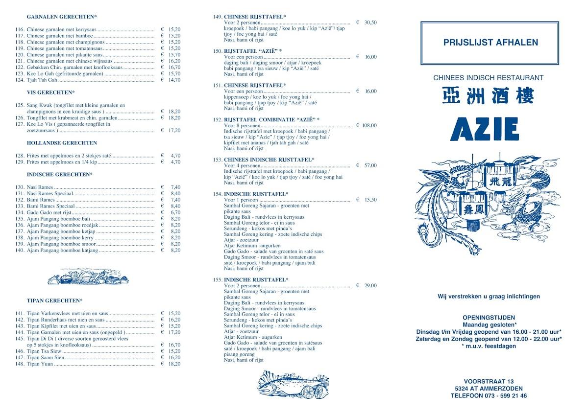 Menu at Restaurant Azie, Ammerzoden