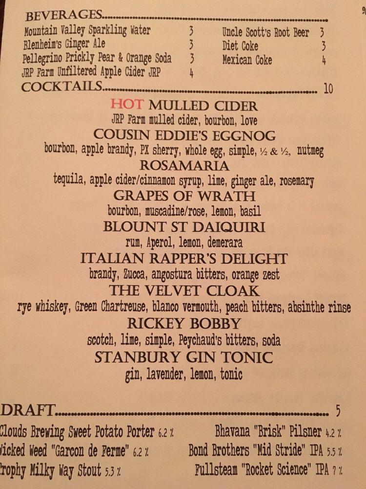 Menu at Stanbury restaurant, Raleigh