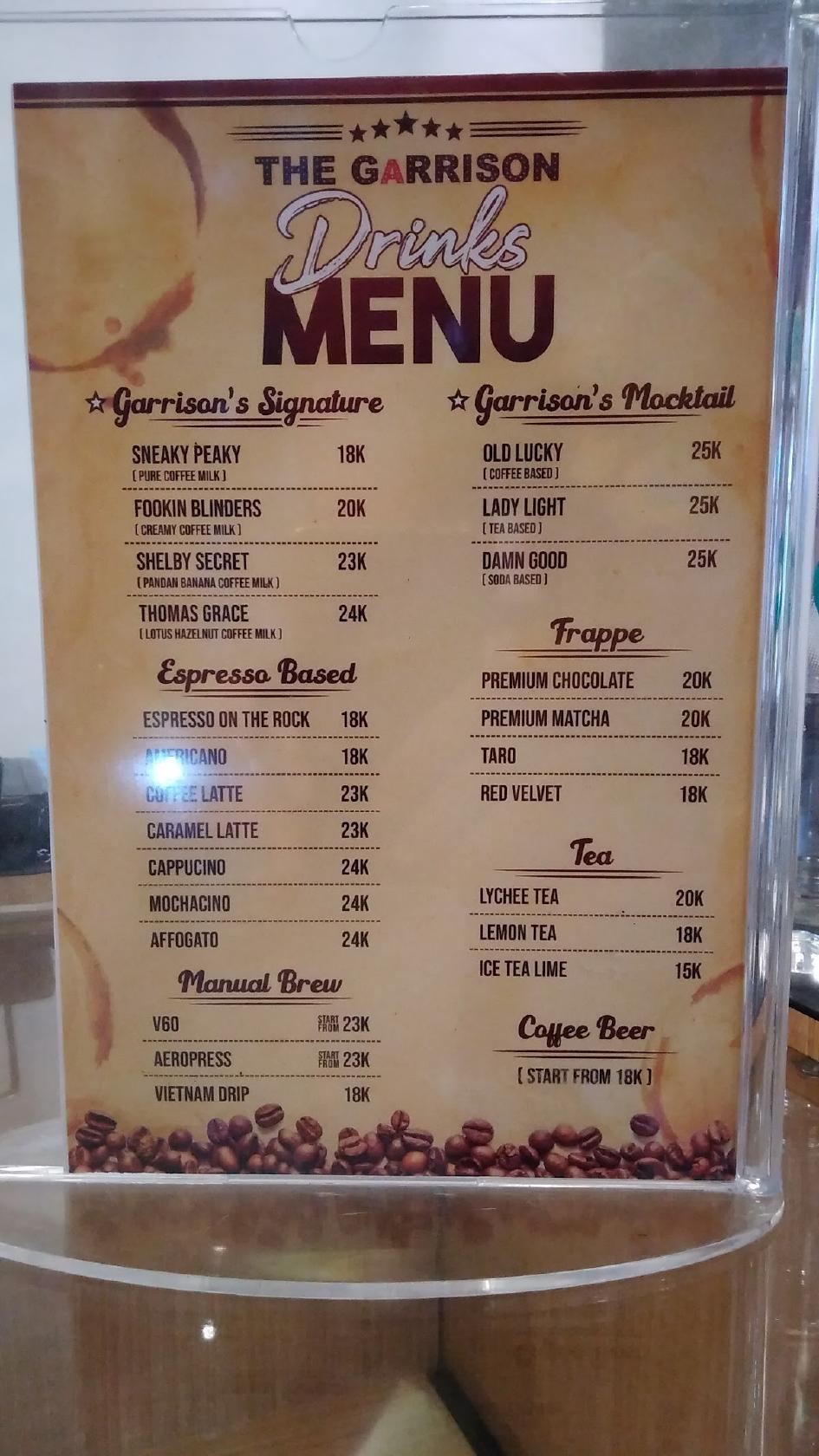 Menu at The Garrison restaurant, Palangkaraya