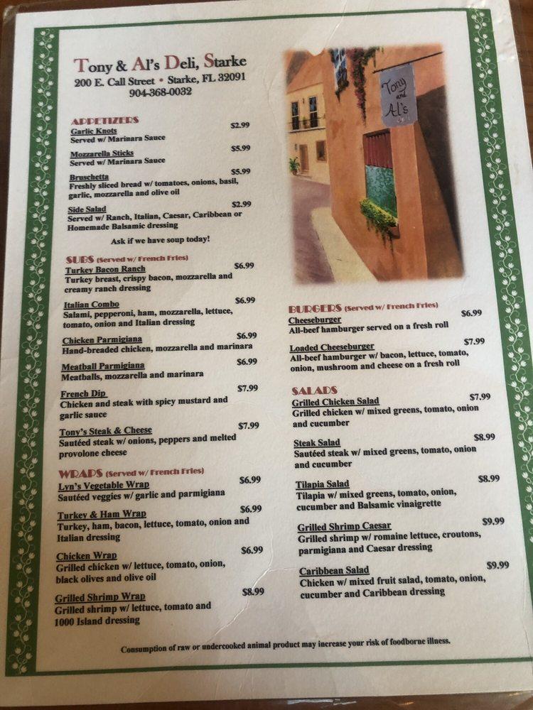 Menu at Tony and Al's Deli pizzeria, Starke