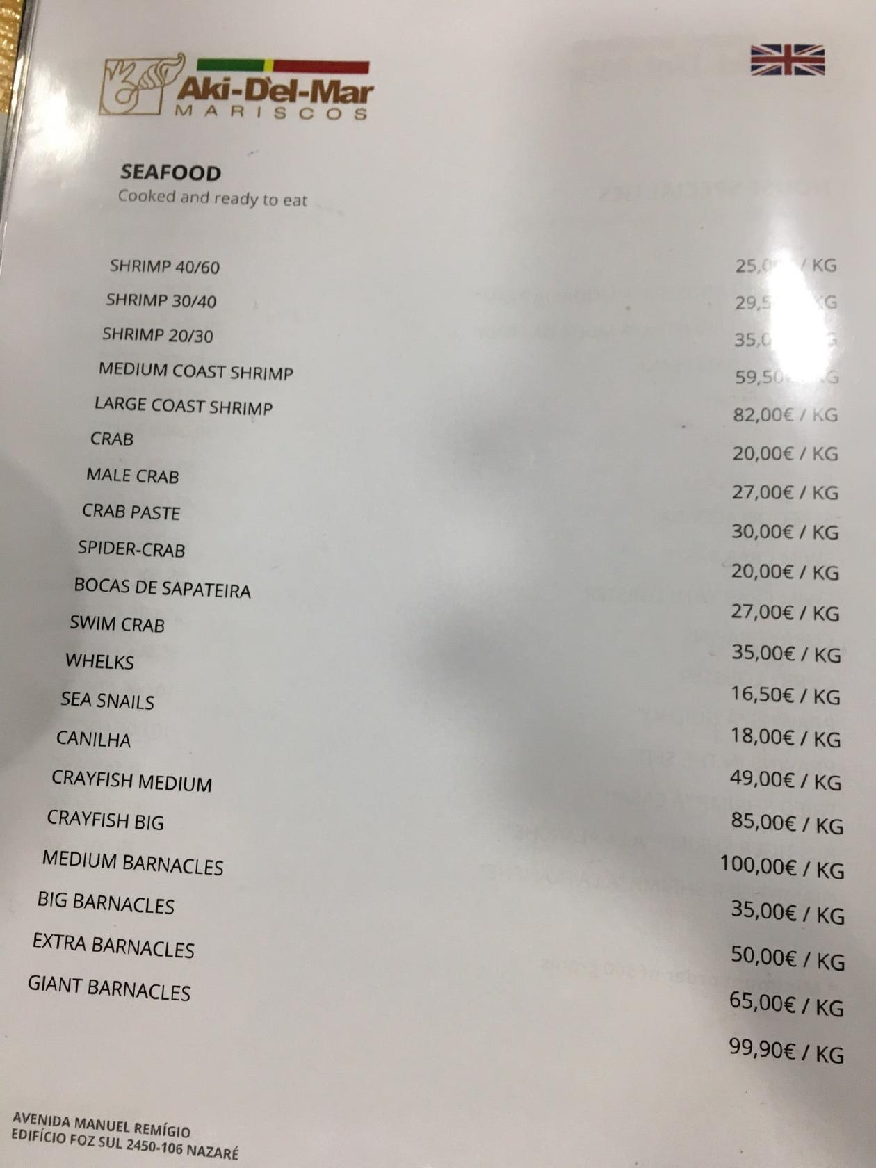 Menu at Aki-d'el-Mar Marisqueira restaurant, Nazaré