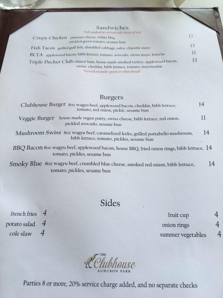 Menu at Audubon Clubhouse by Dickie Brennan & Co., New Orleans, Magazine St