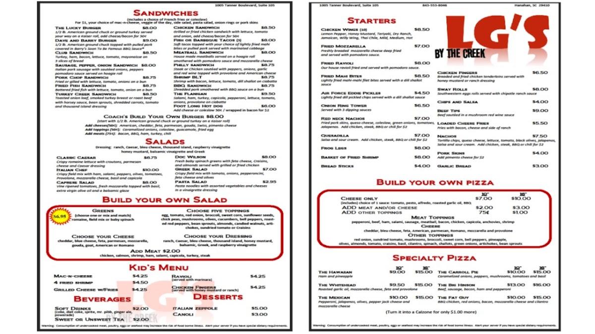 Menu at LG's By The Creek pub & bar, Hanahan
