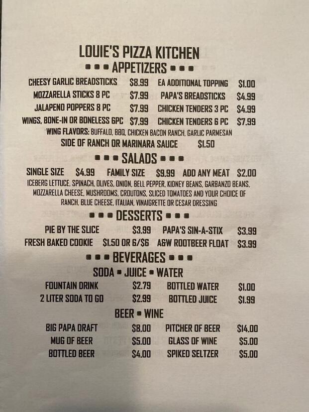 Menu at Louies Pizza Kitchen pizzeria, Copperopolis