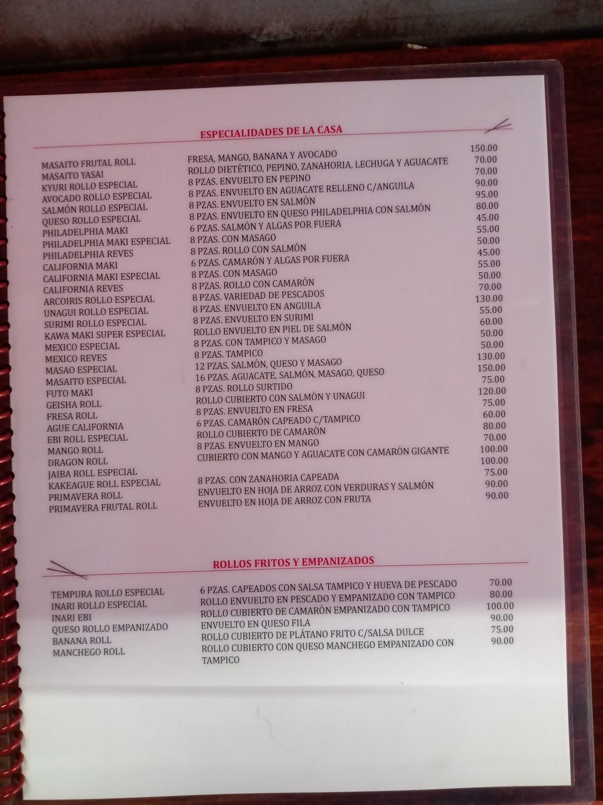 Menu at Masaki Sushi restaurant, Mexico City