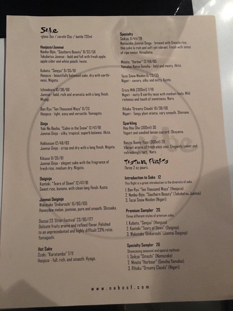Menu at Nabe restaurant, San Francisco, 9th Ave