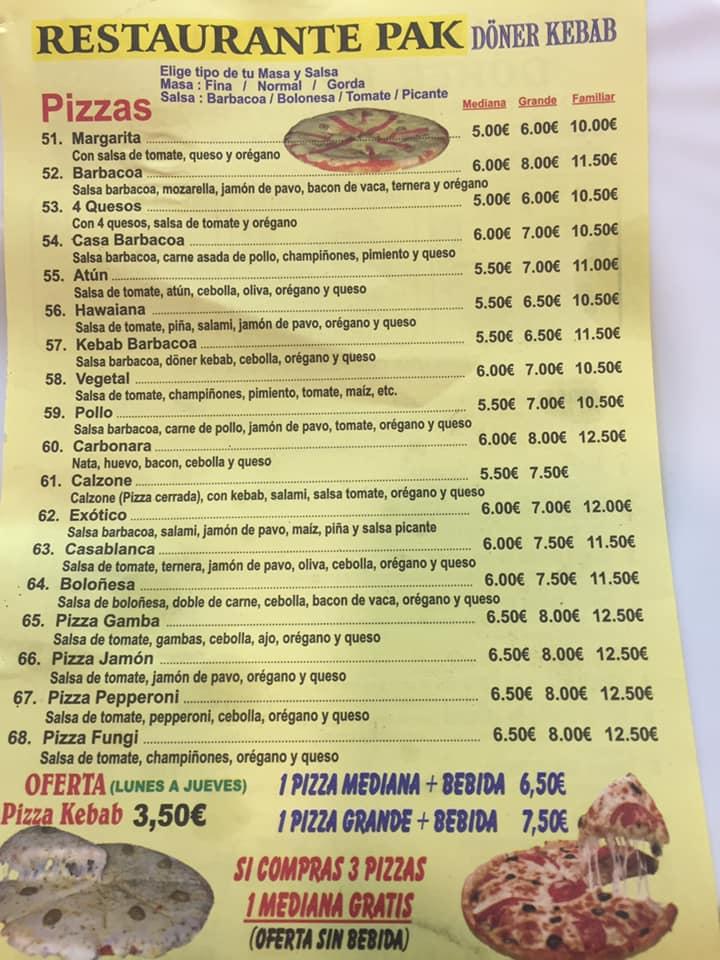 Menu at Pak, Döner Kebab restaurant, Elche