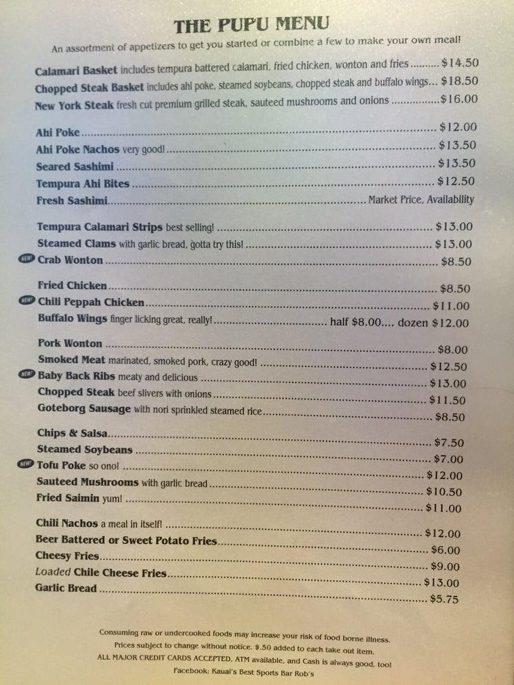 Menu at Rob's Good Times Grill pub & bar, Lihue