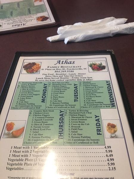 Menu at Athas Family Restaurant, Piedmont