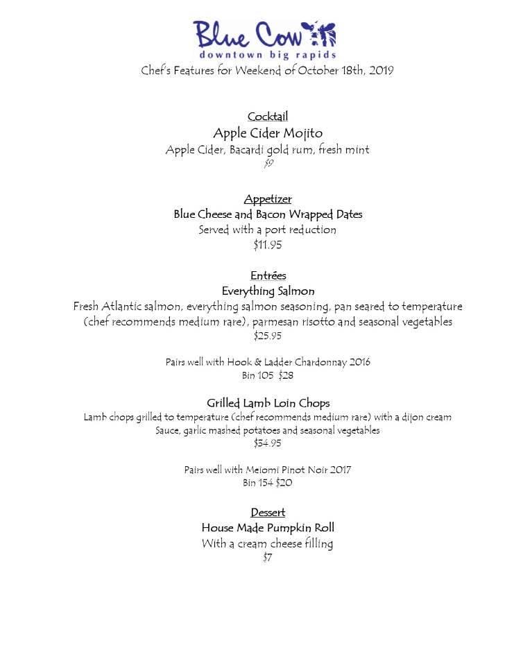 Menu at Blue Cow pub & bar, Big Rapids