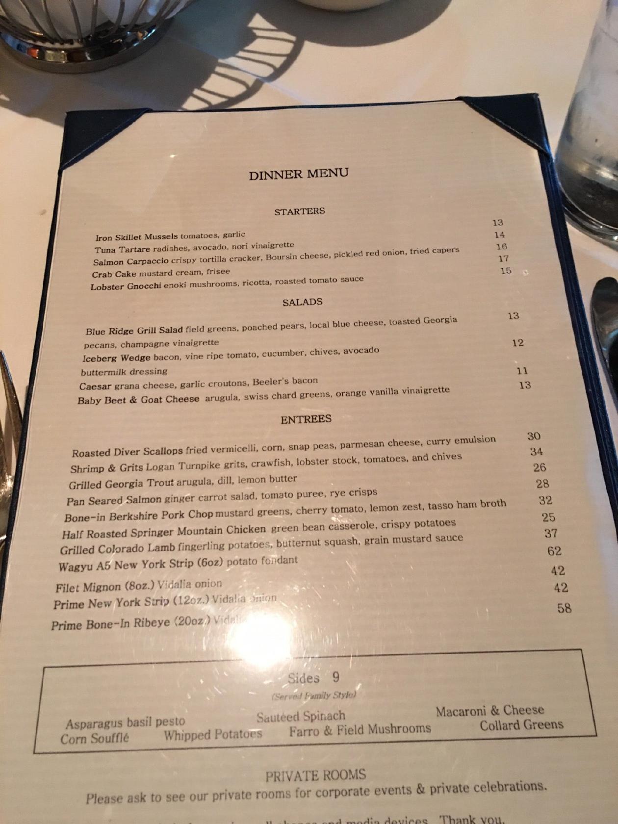 Menu at Blue Ridge Grill desserts, Atlanta