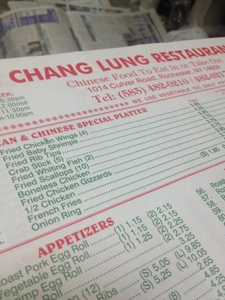 Menu at Chang Lung Restaurant, Rochester
